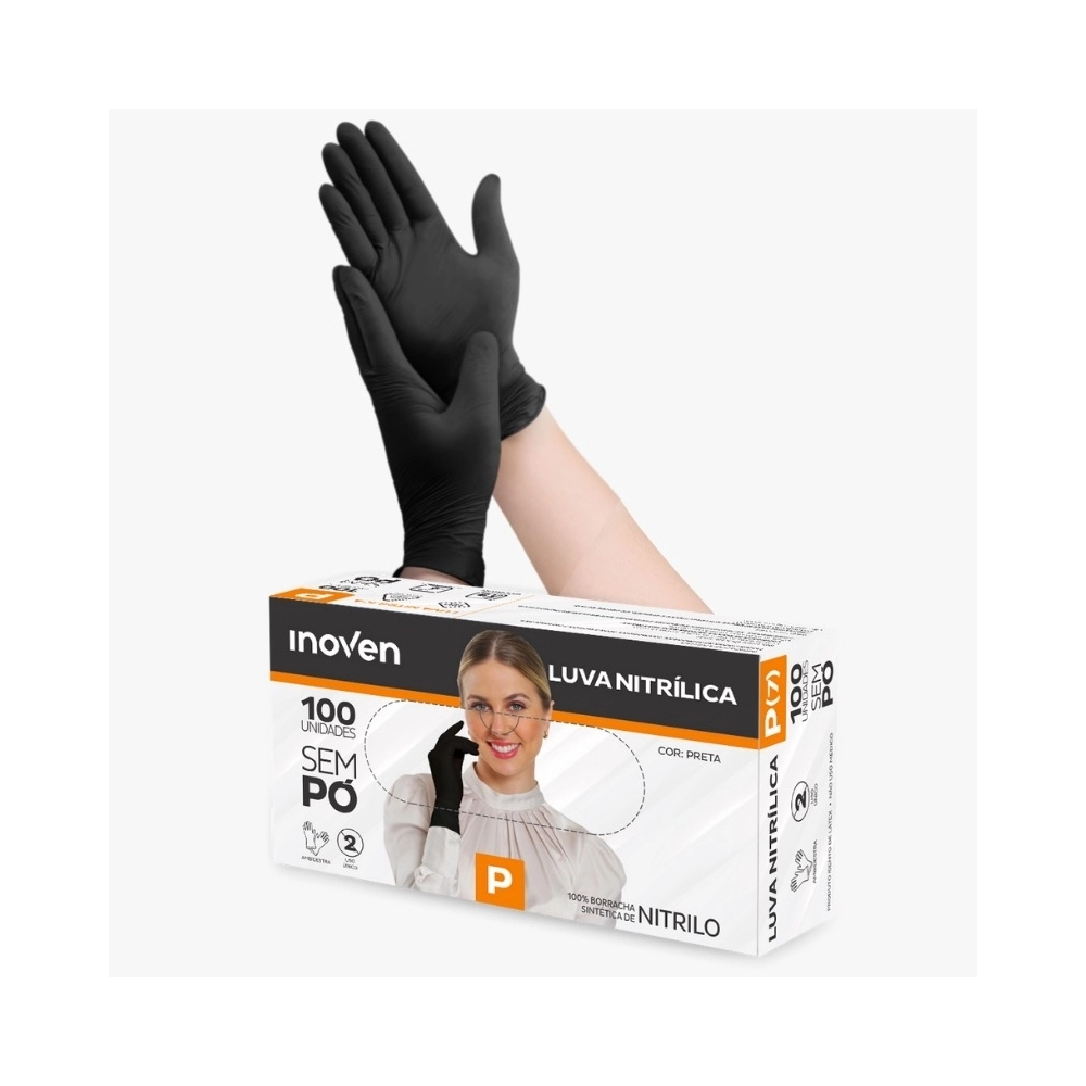 LUVA NITRILICA PRETA INOVEN SEM PÓ P - 100 UN